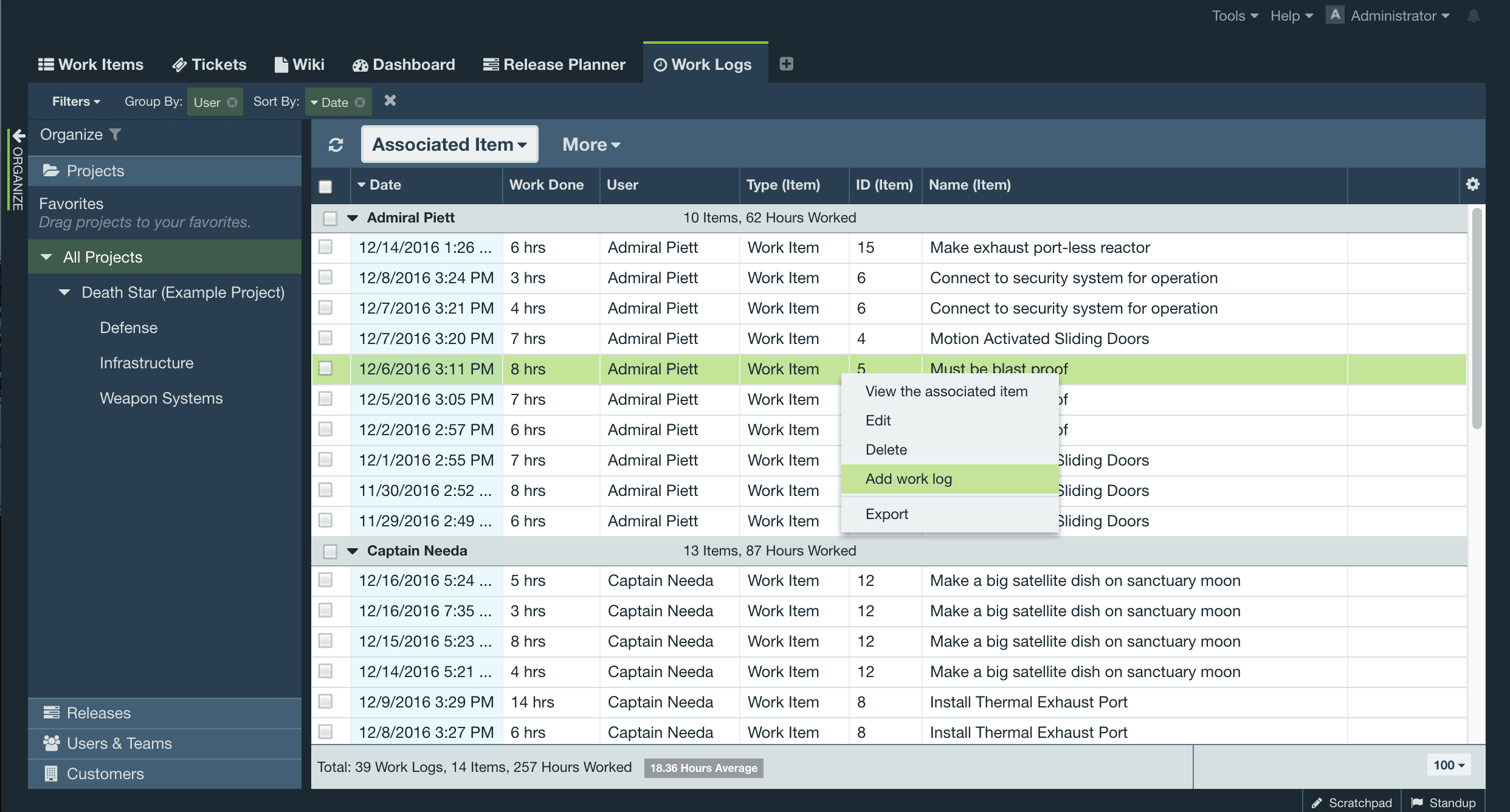 Work Log Tab | Axosoft Documentation